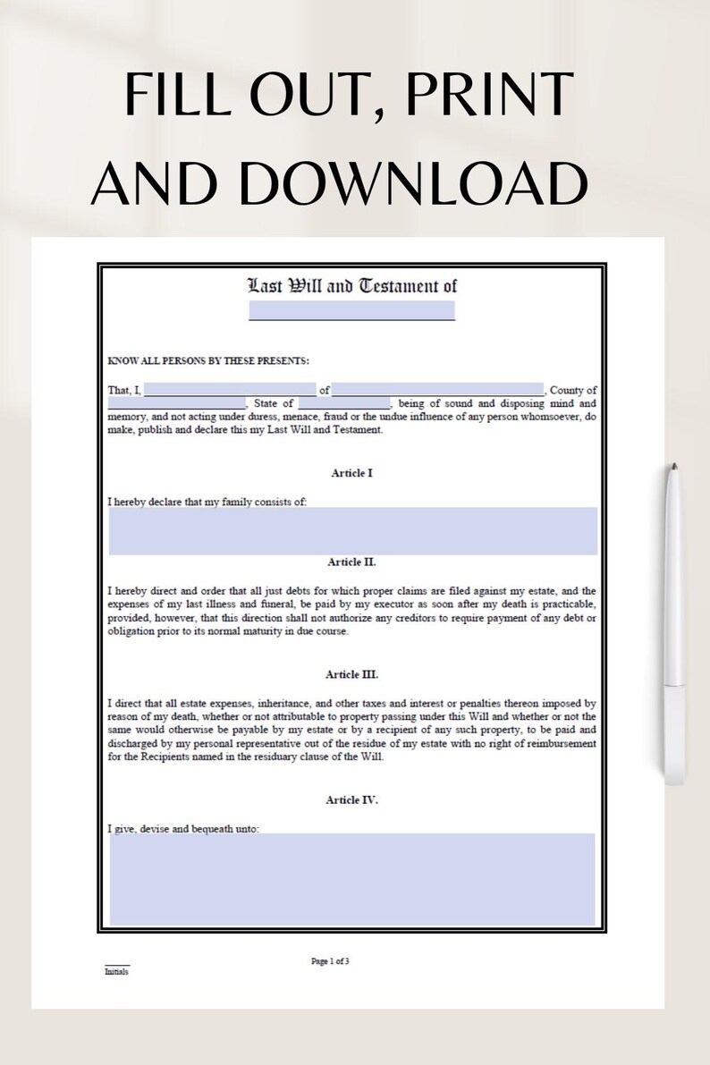 Editable Last Will and Testament Template: Printable PDF (instant ...