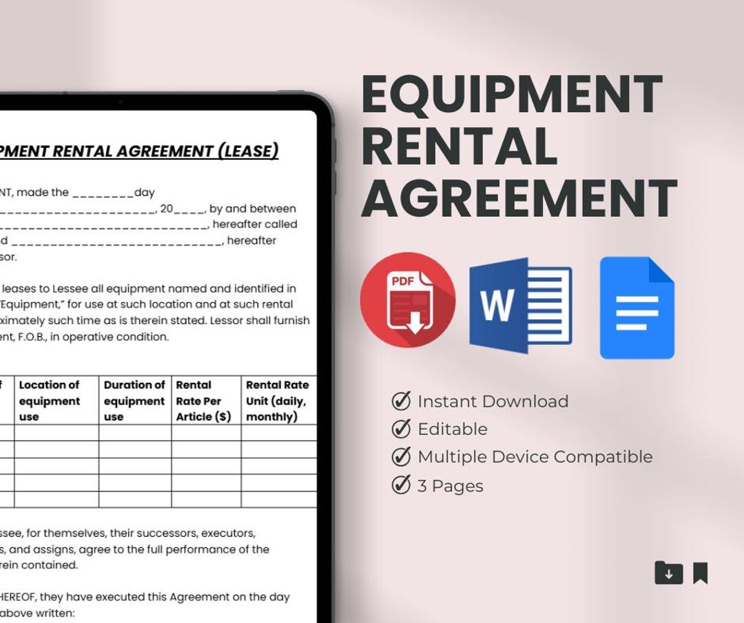 Equipment Rental Agreement Template: Editable Contract (PDF, MS Word ...