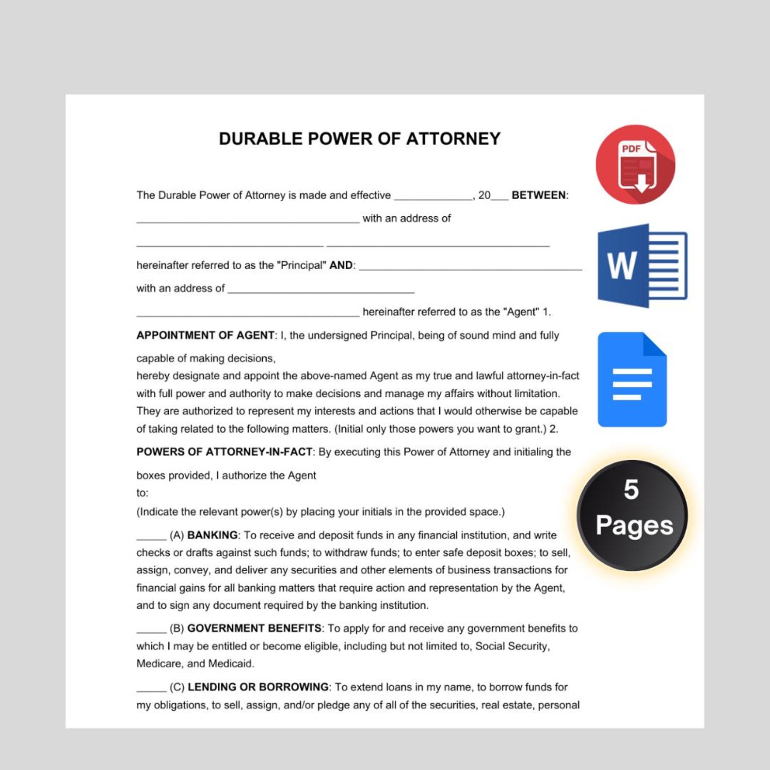 Power of Attorney Template Editable PDF Word, Durable POA Form ...