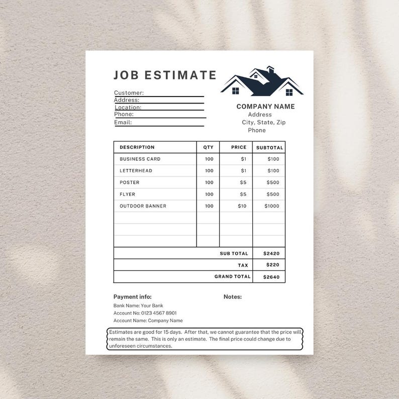 Job Estimate Template, Printable Job Estimate Template PDF, Editable Canva Construction Bid ...