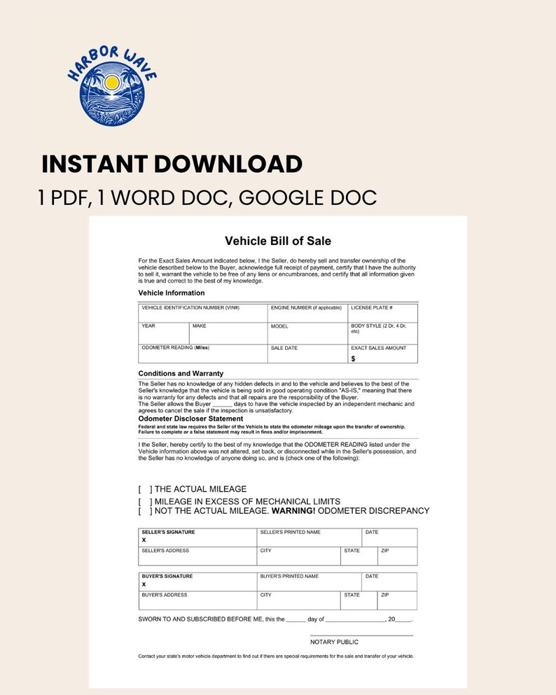 Vehicle Bill of Sale Template, Fillable PDF, Google Doc, WORD - Etsy
