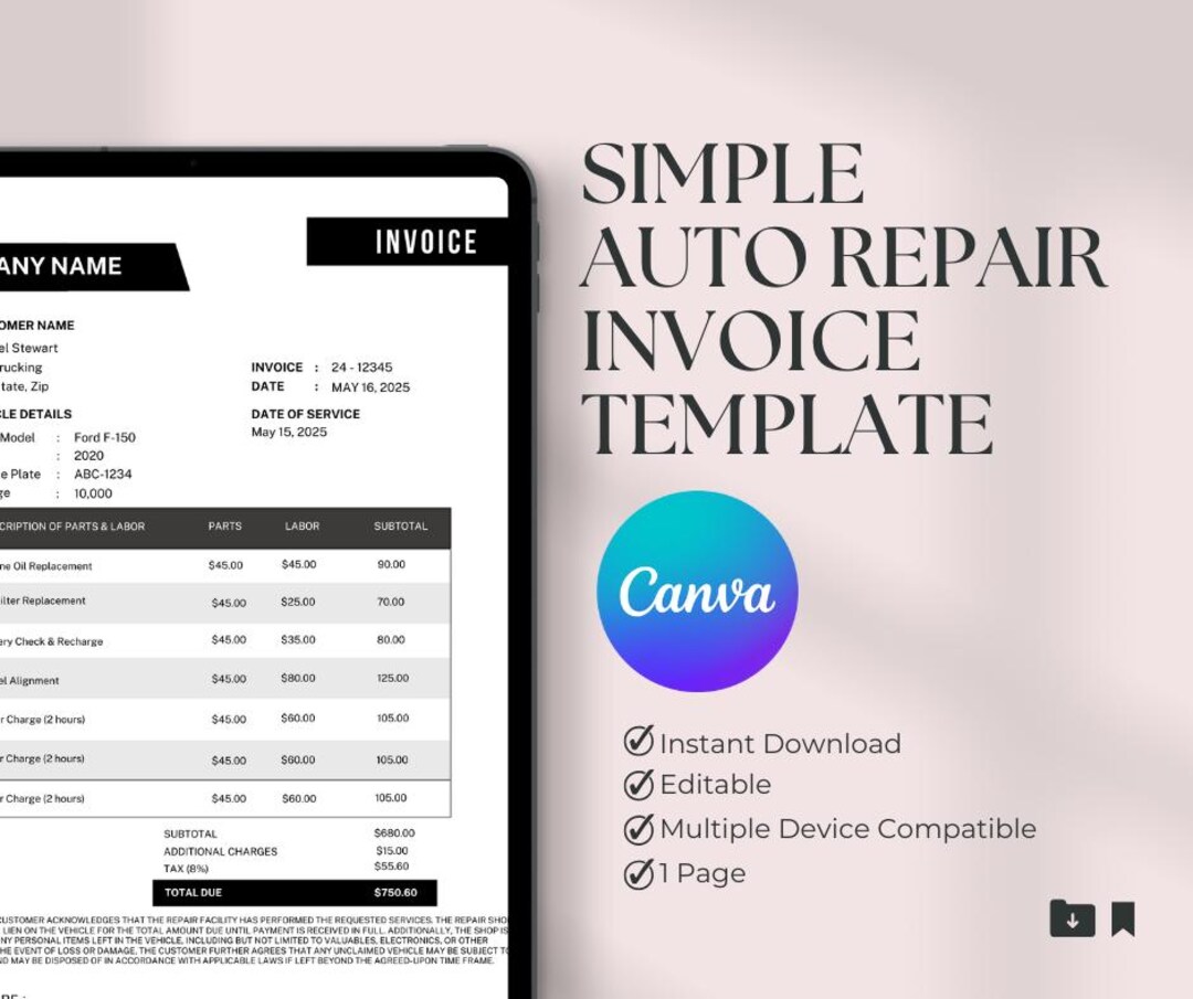 Mechanic Invoice Template Canva Editable PDF, Auto Repair Shop Receipt ...