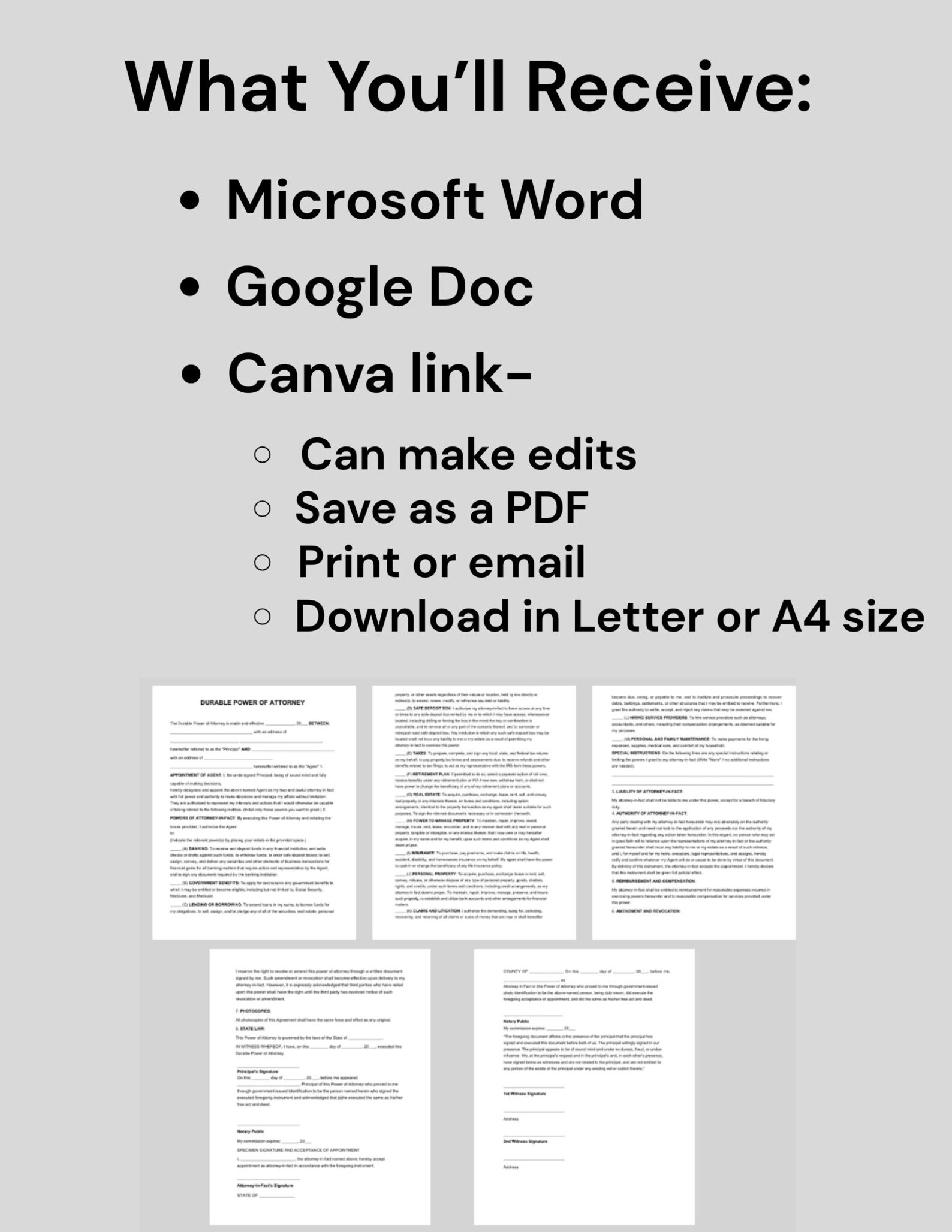 Power of Attorney Template Editable PDF Word, Durable POA Form ...
