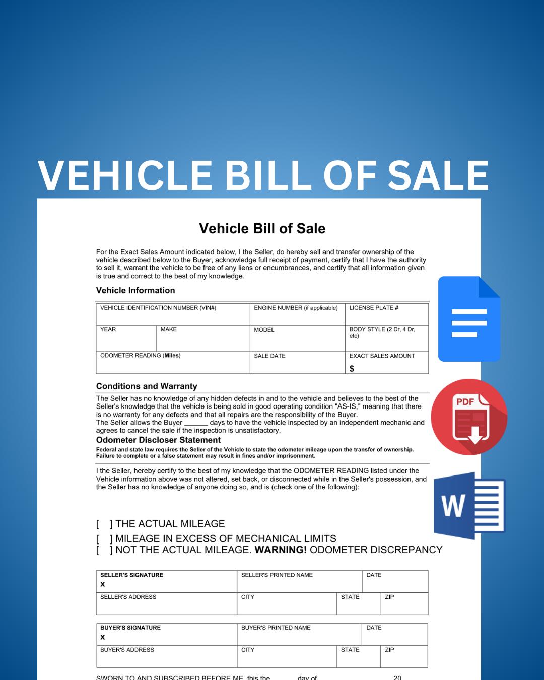 Vehicle Bill of Sale Template, Fillable Form Trailer | Auto Car Sale ...