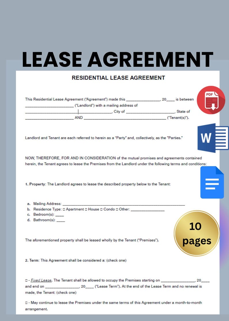 Editable Rental Agreement Template: Landlord Lease Contract (PDF ...