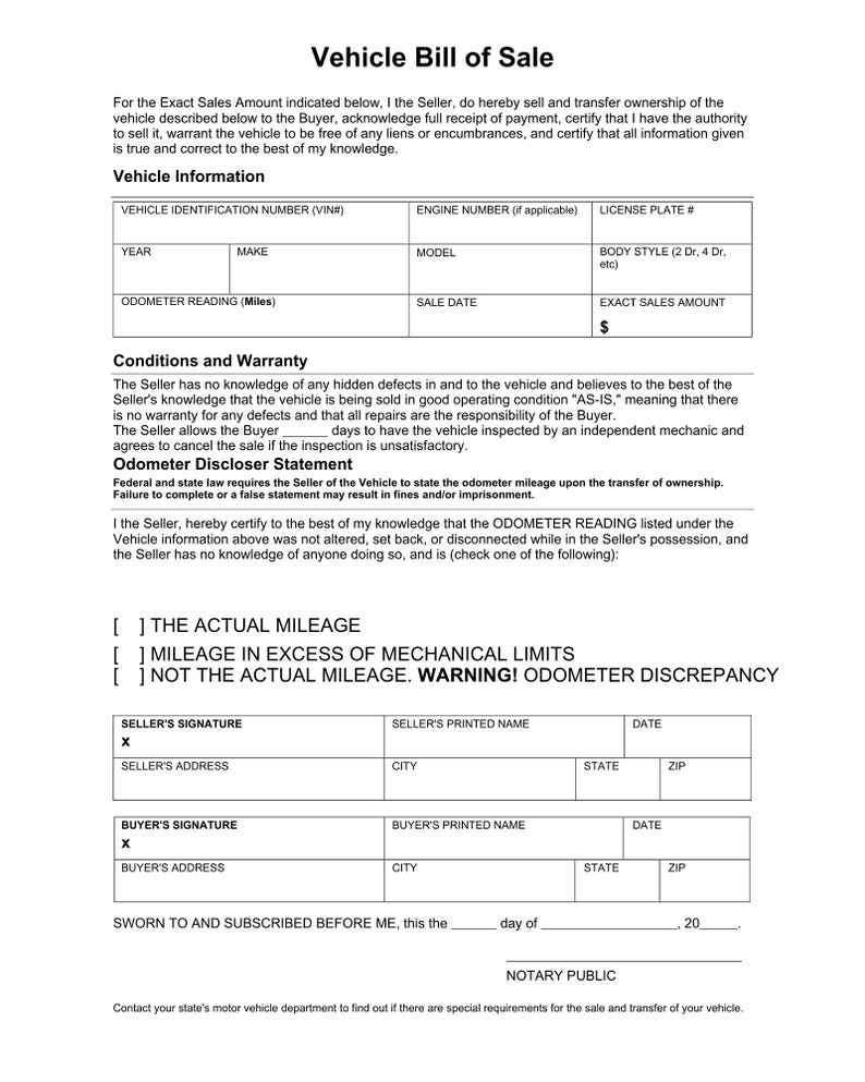Vehicle Bill of Sale Template, Fillable Form Trailer | Auto Car Sale ...