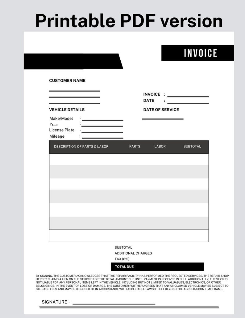 Auto Repair Invoice Template: Customizable Mechanics Bill (canva ...