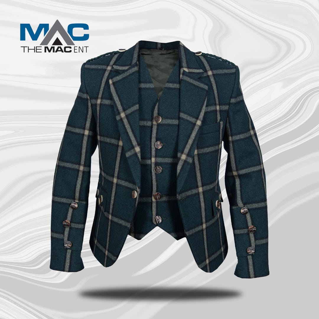 Scottish Handmade Tweed Braemar Kilt Jacket With 5 Button Vest | Wool ...