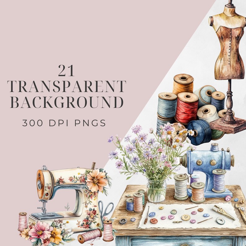 Vintage Watercolour Sewing Clipart Pack, Digital Art, Clipart, Birthday ...