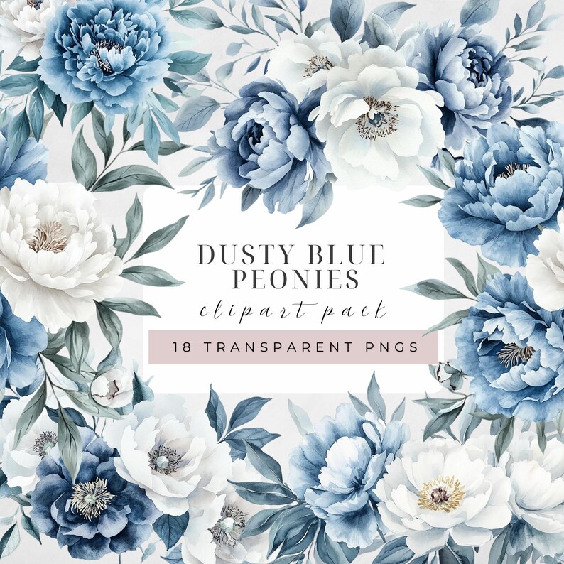 Beautiful Dusty Blue Watercolour Peonies Clip Art Pack, Digital Art ...