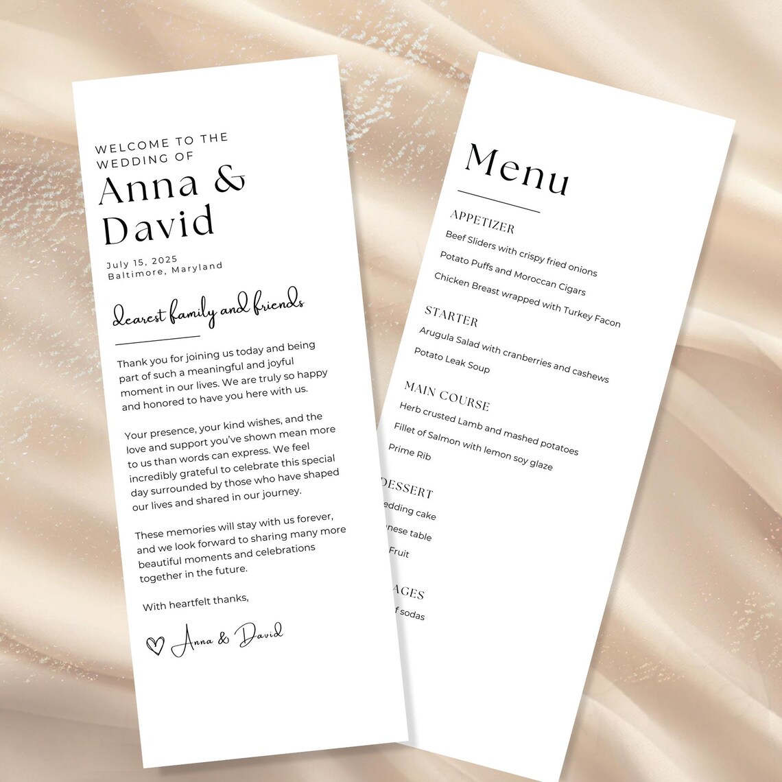 Wedding Thank You Note and Menu, Reception Dinner Menu Template ...