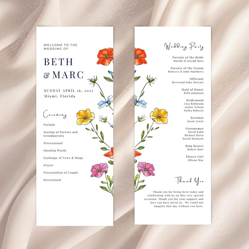 Wildflower Program Template, Garden Wedding Day Timeline, Wildflower Wedding Program, Floral ...