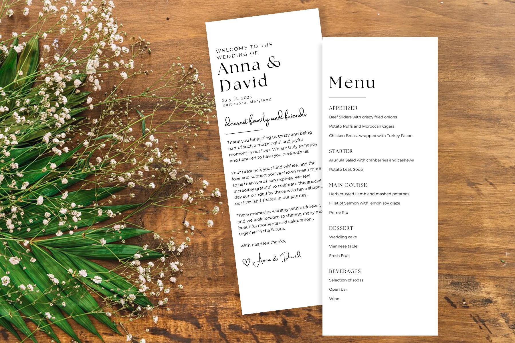 Wedding Thank You Note and Menu, Reception Dinner Menu Template ...