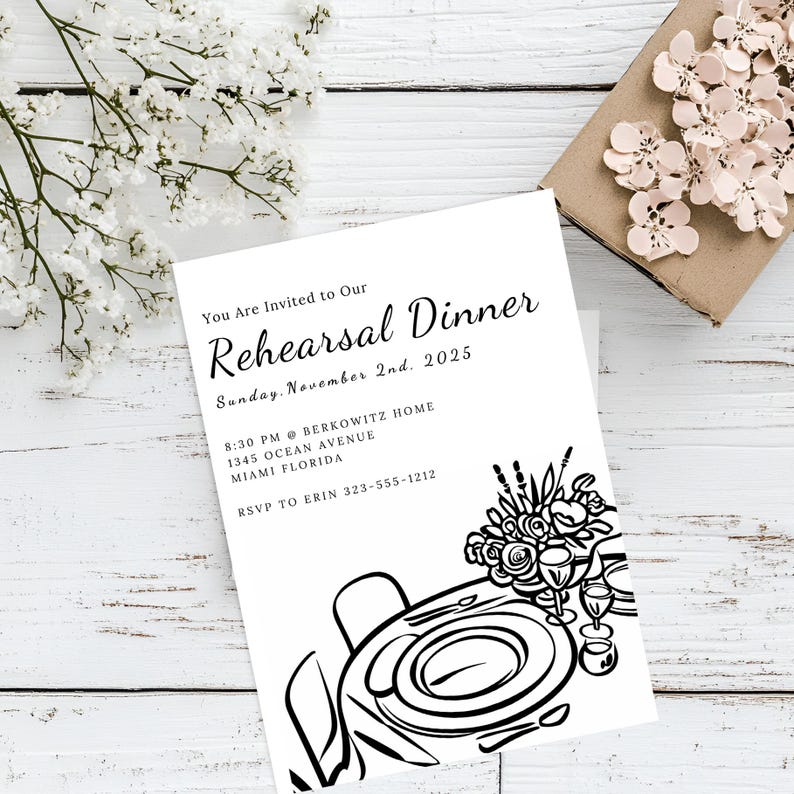 Wedding Rehearsal Dinner Invitation Template, Illustrated Editable ...