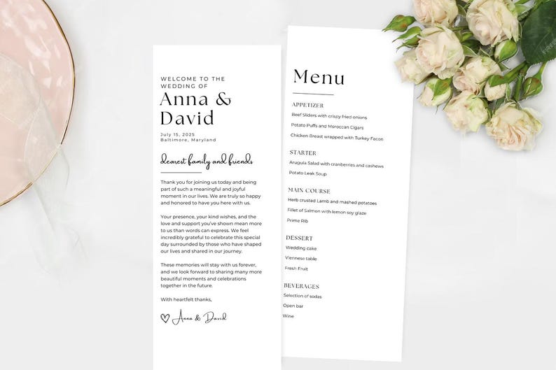 Wedding Thank You Note and Menu, Reception Dinner Menu Template ...