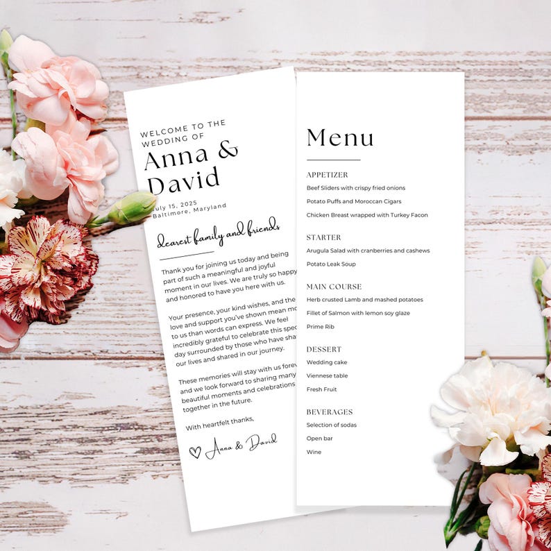 Wedding Thank You Note and Menu, Reception Dinner Menu Template ...
