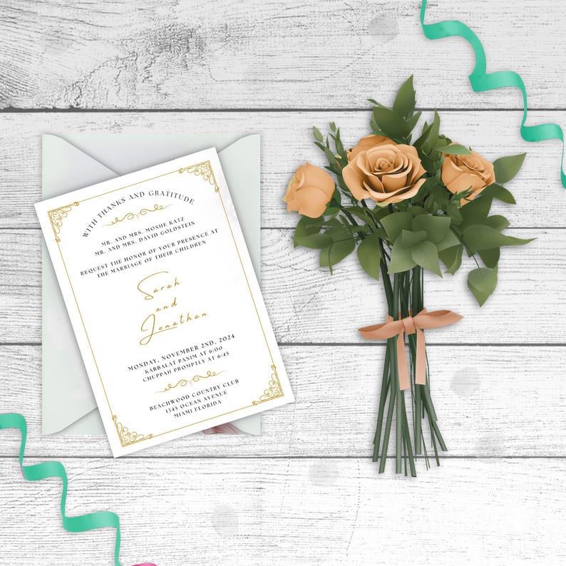 Gold Frame Wedding Invitation Template, Minimalist Editable Invite ...