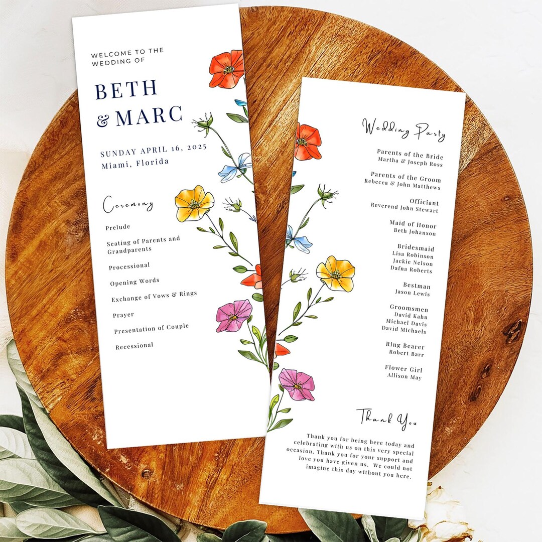 Wildflower Program Template, Garden Wedding Day Timeline, Wildflower ...