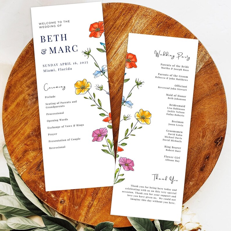 Wildflower Program Template, Garden Wedding Day Timeline, Wildflower Wedding Program, Floral ...