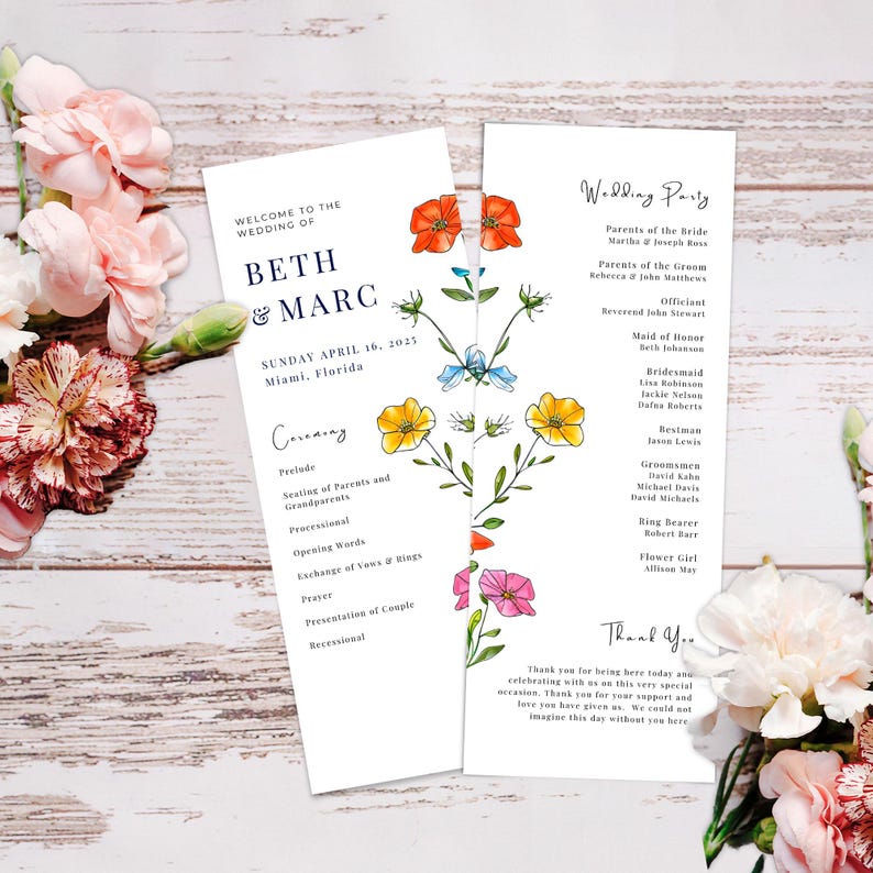 Wildflower Program Template, Garden Wedding Day Timeline, Wildflower Wedding Program, Floral ...