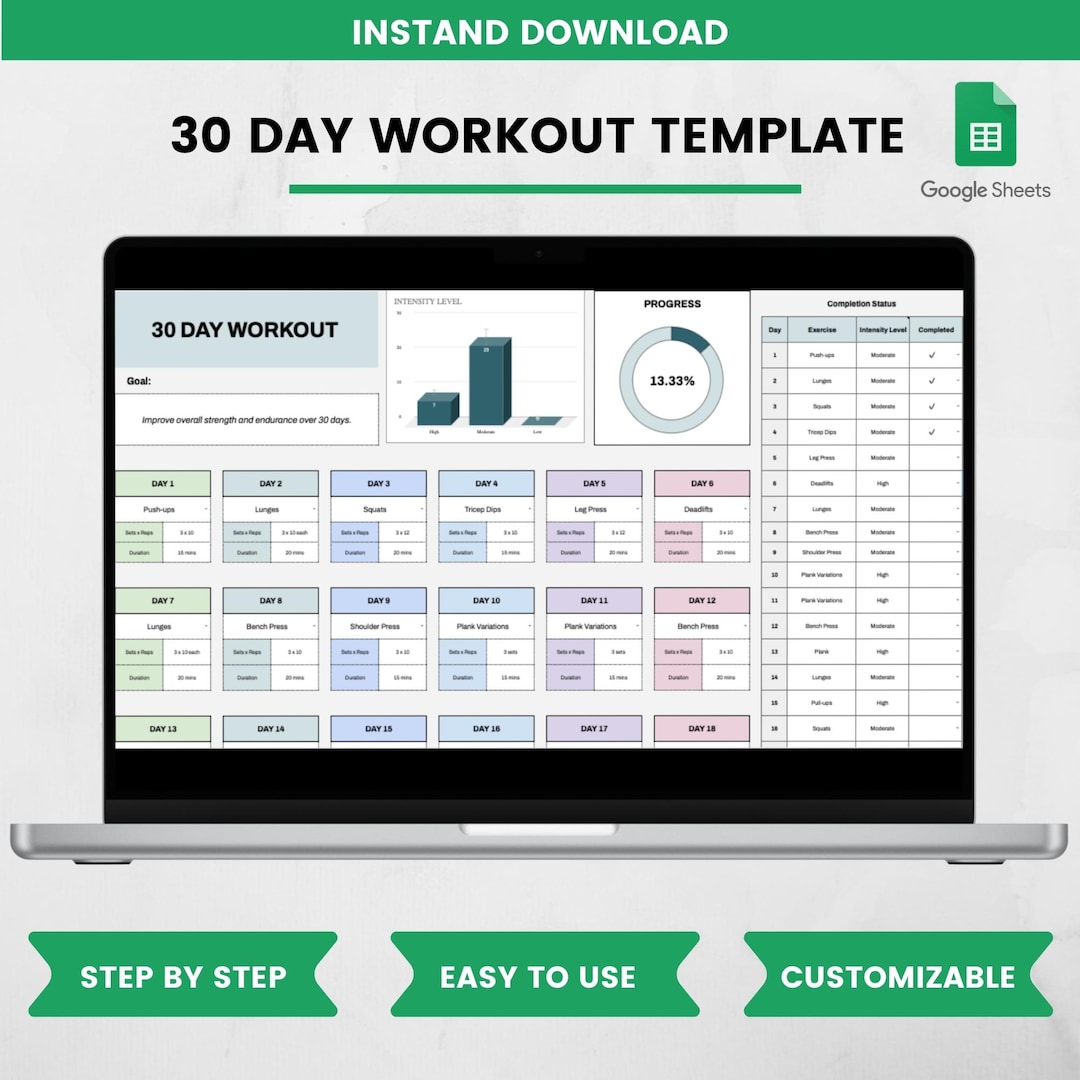 30 Day Workout Template, Editable Fitness Tracker Google Sheets ...