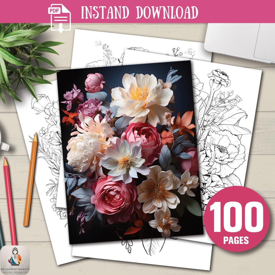 100 Beautiful Flowers Coloring Book, Adults Kids Coloring Pages ...