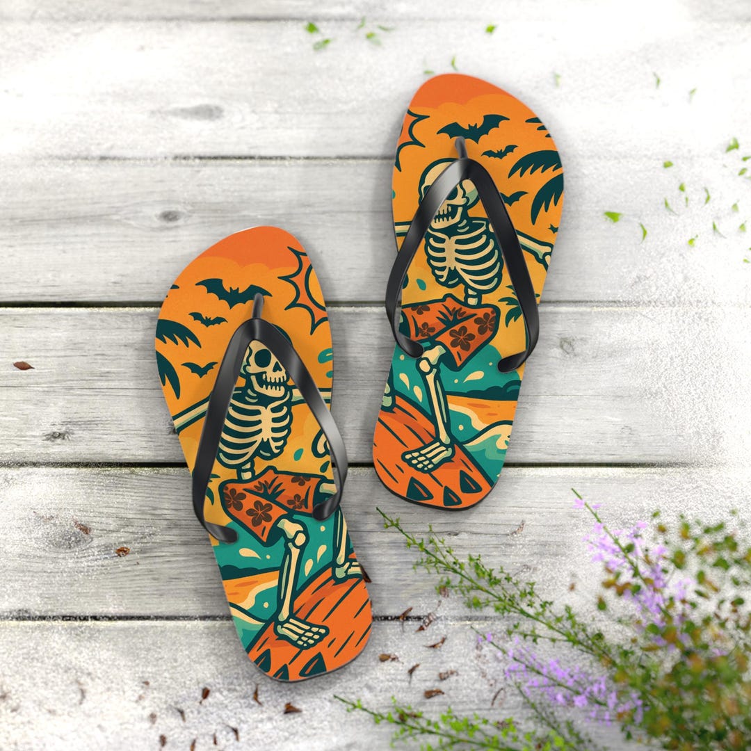 Halloween Skeleton Flip Flops, Beach Sandals, Spooky Footwear, Summer ...