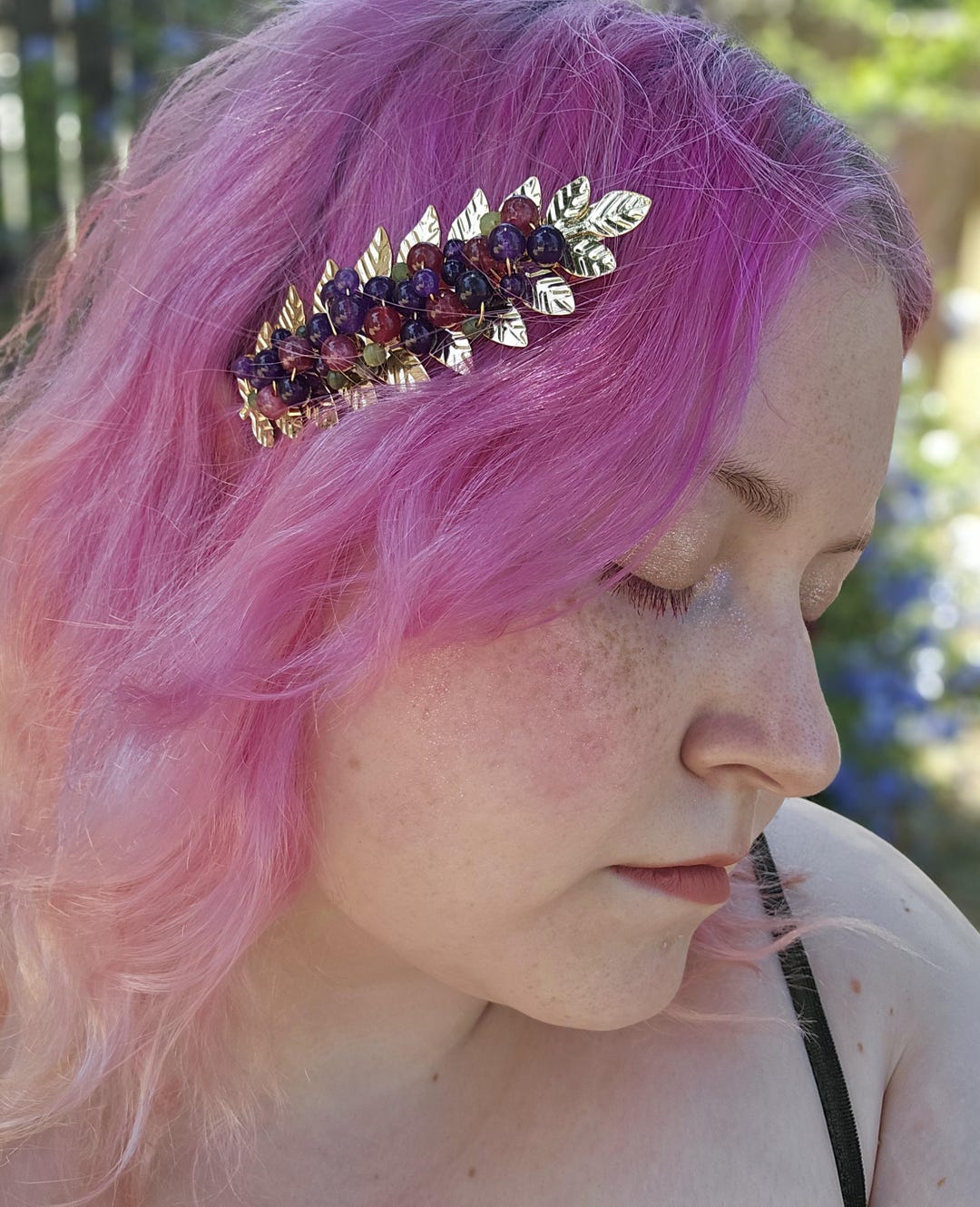 Dionysus Golden Beaded Leaf/gold Hair Chip/amethyst/red Garnet/green ...