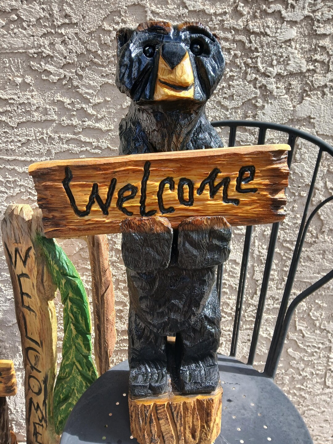Chainsaw Carved Wooden Welcome Bear 2foot With Custom Made Welcome Sign ...