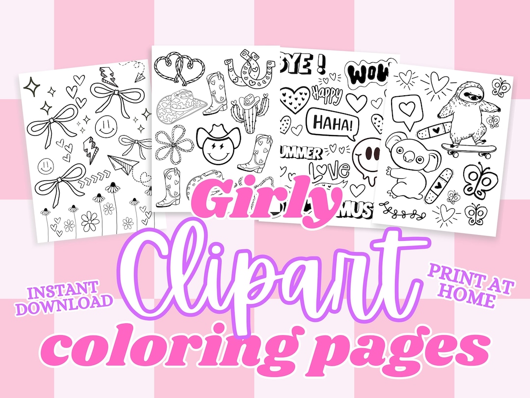 Girly Clipart Coloring Pages – Kawaii, Cowgirl, Summer Doodles (PDF ...