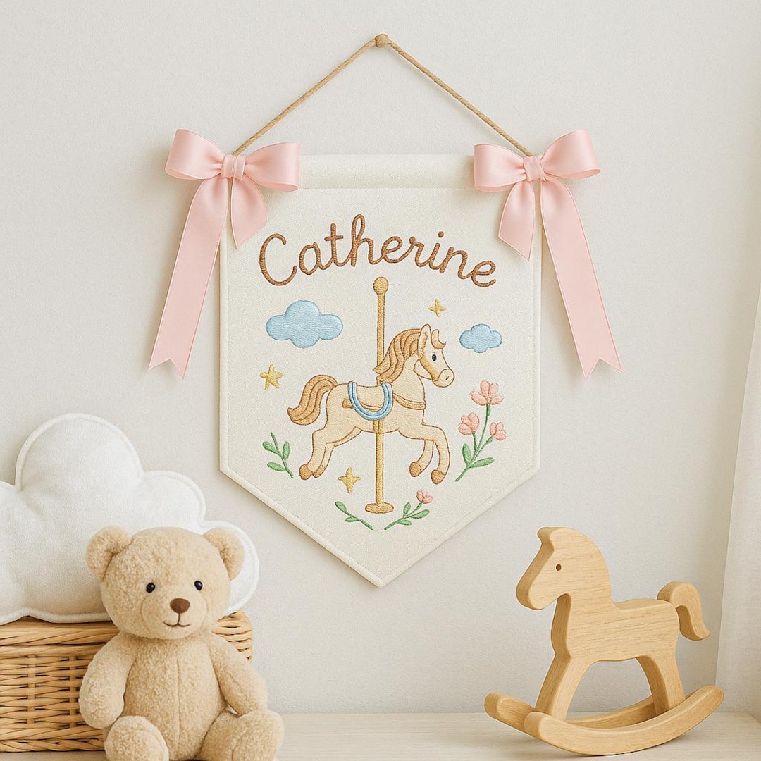 Custom Embroidered Carousel Horse Name Banner, Nursery Wall Hanging ...
