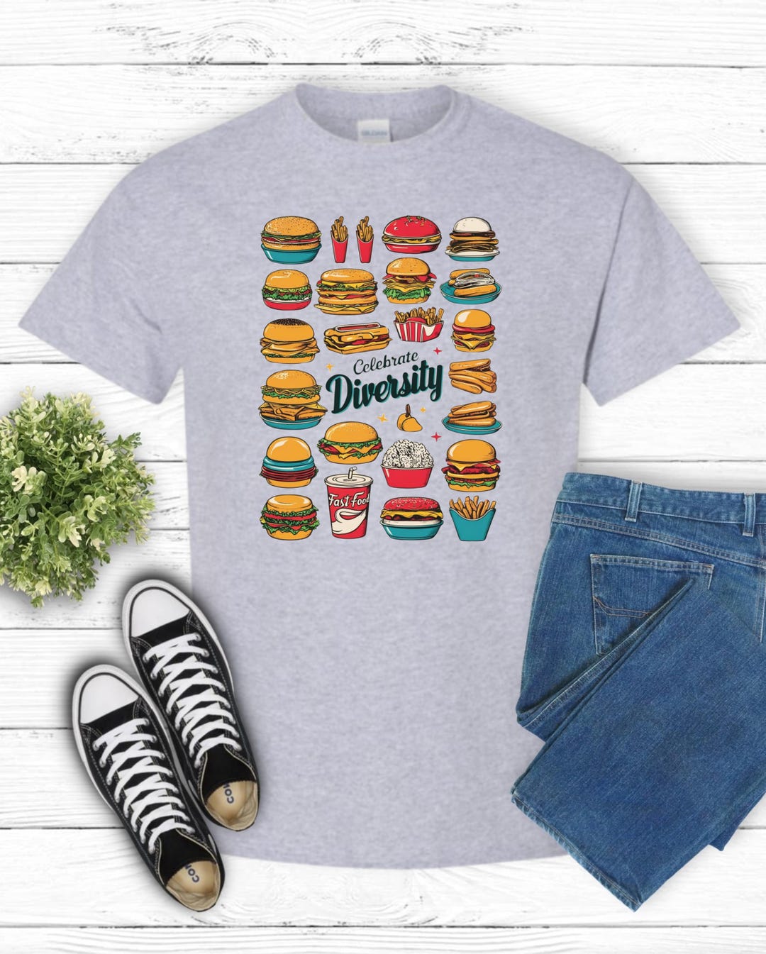 Retro Celebrate Diversity Fast Food T Shirt, Vintage Burger and Fries ...