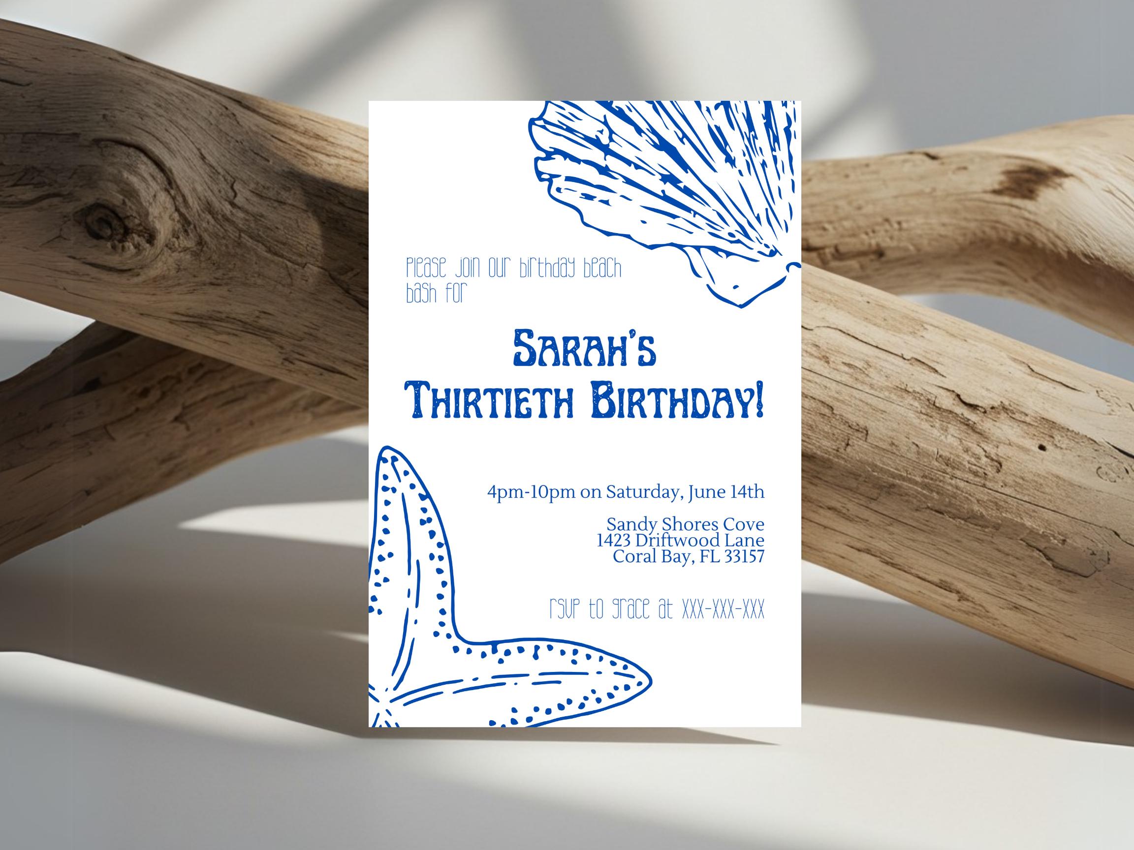 Blue Seashell Birthday Invitation Template: Beach Party, Canva Editable ...