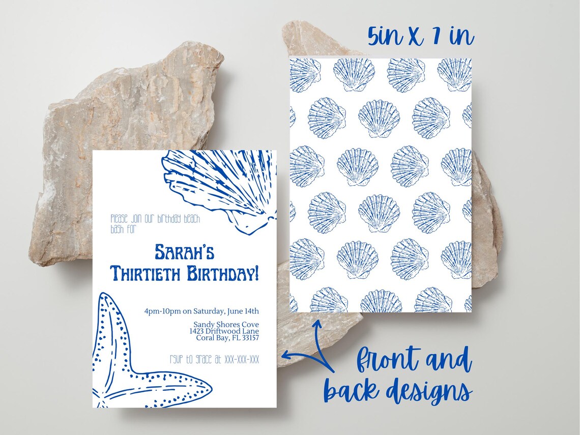 Blue Seashell Birthday Invitation Template: Beach Party, Canva Editable ...