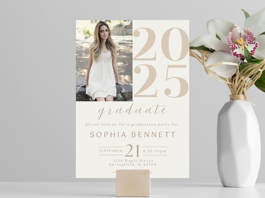 Neutral Boho Graduation Party Invitation, Editable Canva Template ...