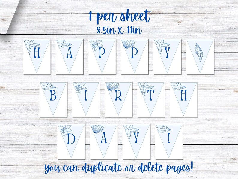 Blue Seashell Birthday Bunting Banner Template: Beach Party Decor ...