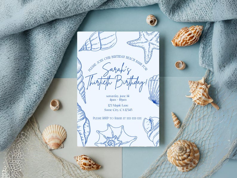 Blue Shell Outline Beach Digital Birthday Invitation Template Canva ...