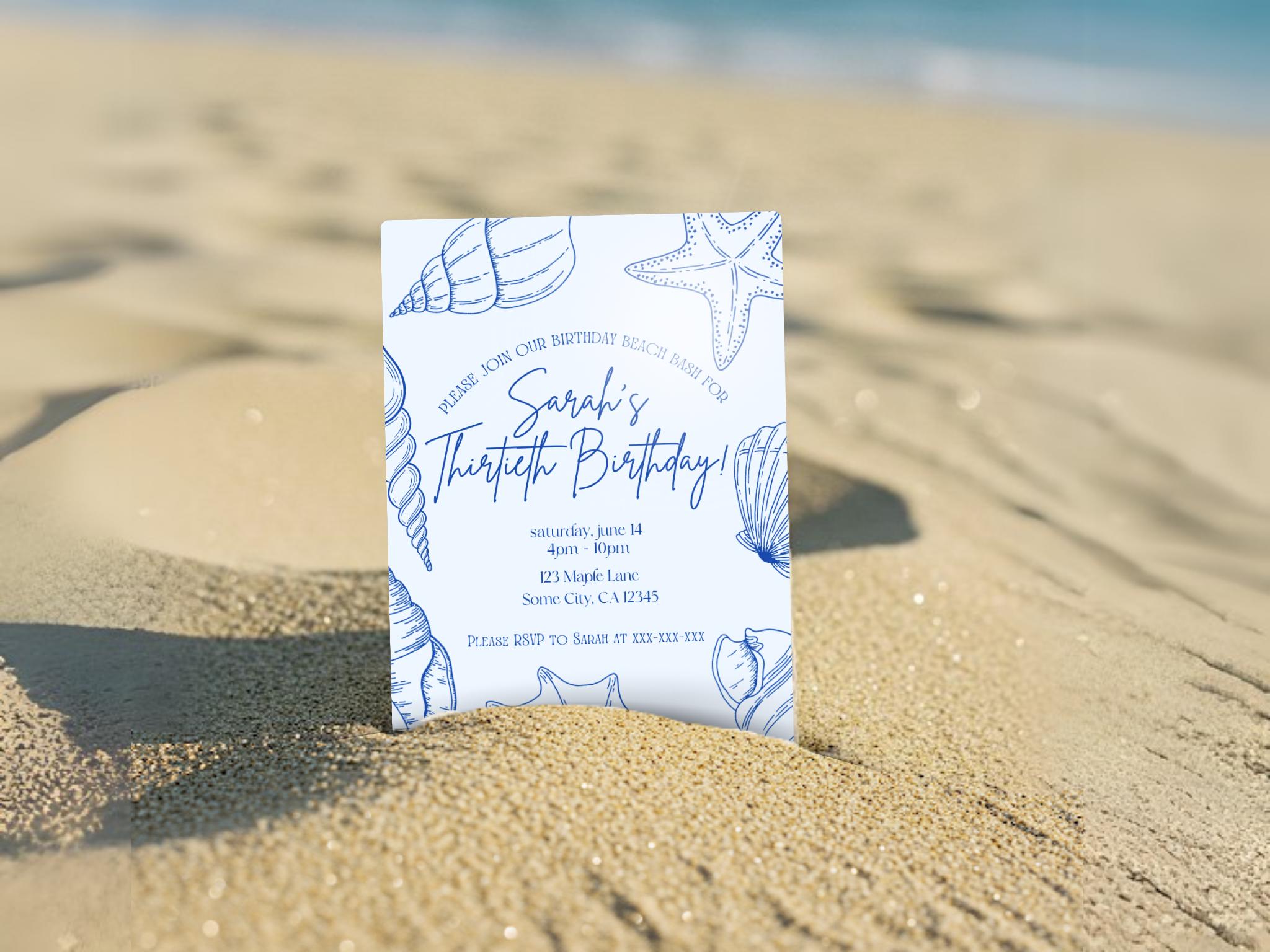 Blue Seashell Birthday Invitation Template: Beach Party, Canva Editable ...