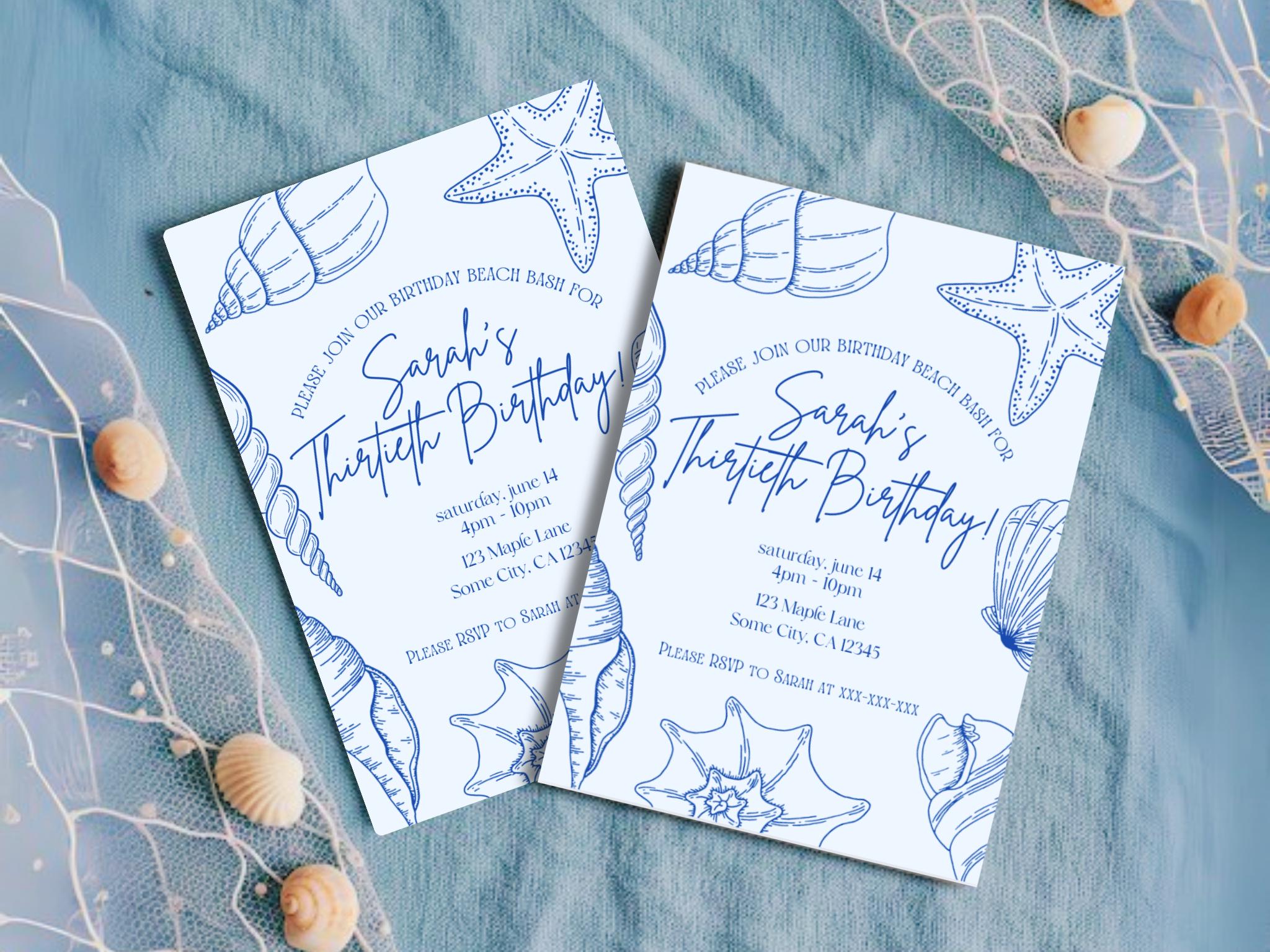 Blue Seashell Birthday Invitation Template: Beach Party, Canva Editable ...
