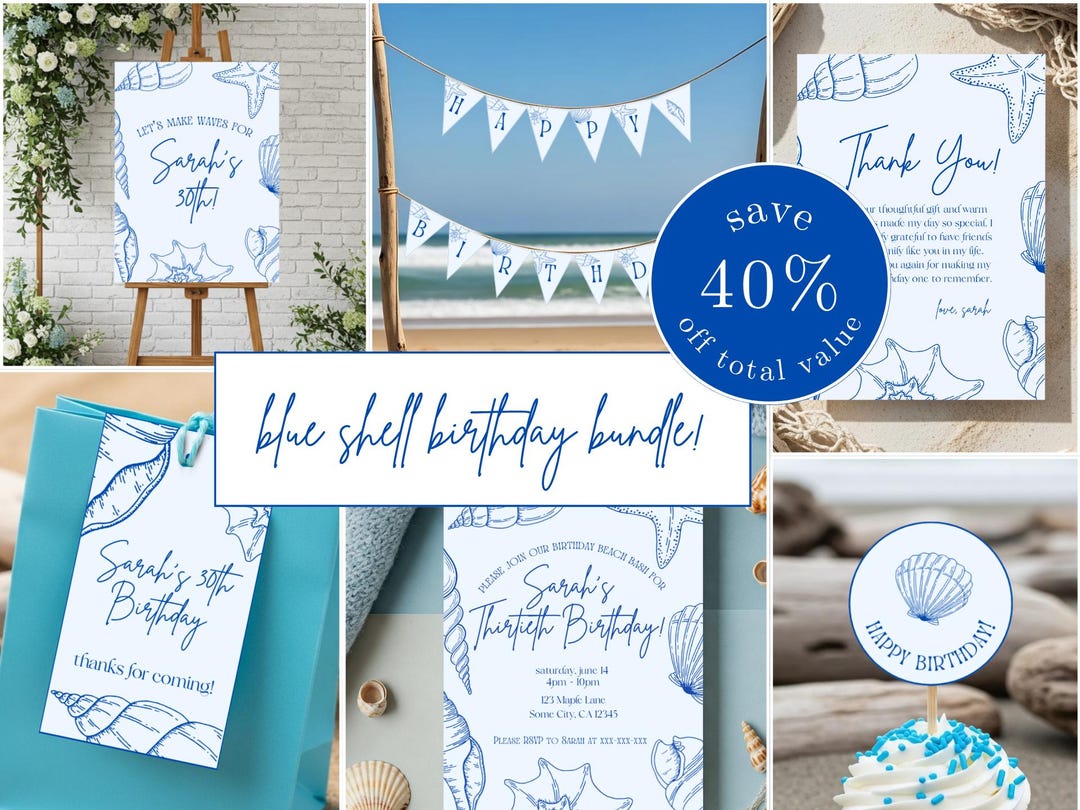 Beach Birthday Party Bundle: Blue Shell Design, Canva Template (digital ...