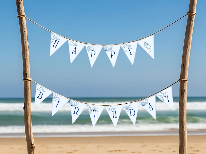 Blue Seashell Birthday Bunting Banner Template: Beach Party Decor ...