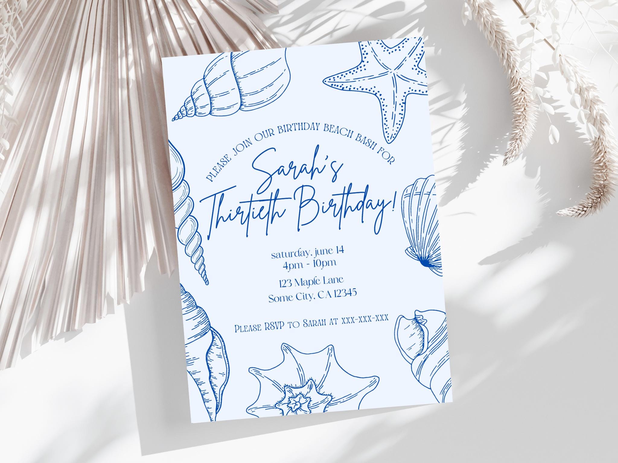 Blue Seashell Birthday Invitation Template: Beach Party, Canva Editable ...