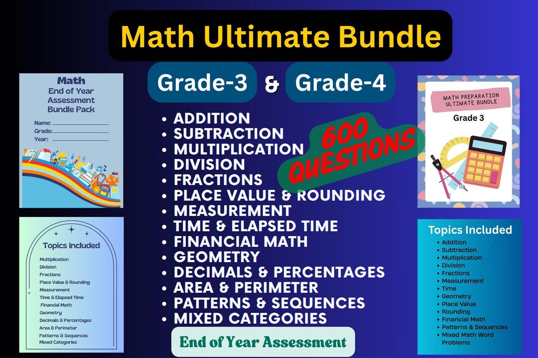 Grade 3 Math Worksheets + Grade 4 Math Review | End of Year Assessment ...