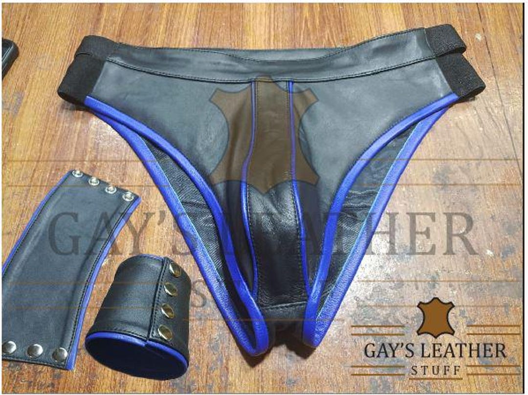 Men's Leather Brief Blue Leather Underwear Men Jock Strap With Hand ...