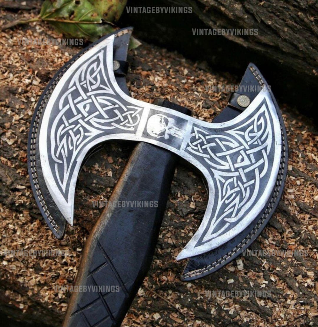 Engraved DOUBLE HEADED VIKING Axe With Leather Sheath, 30 Inch Wooden ...