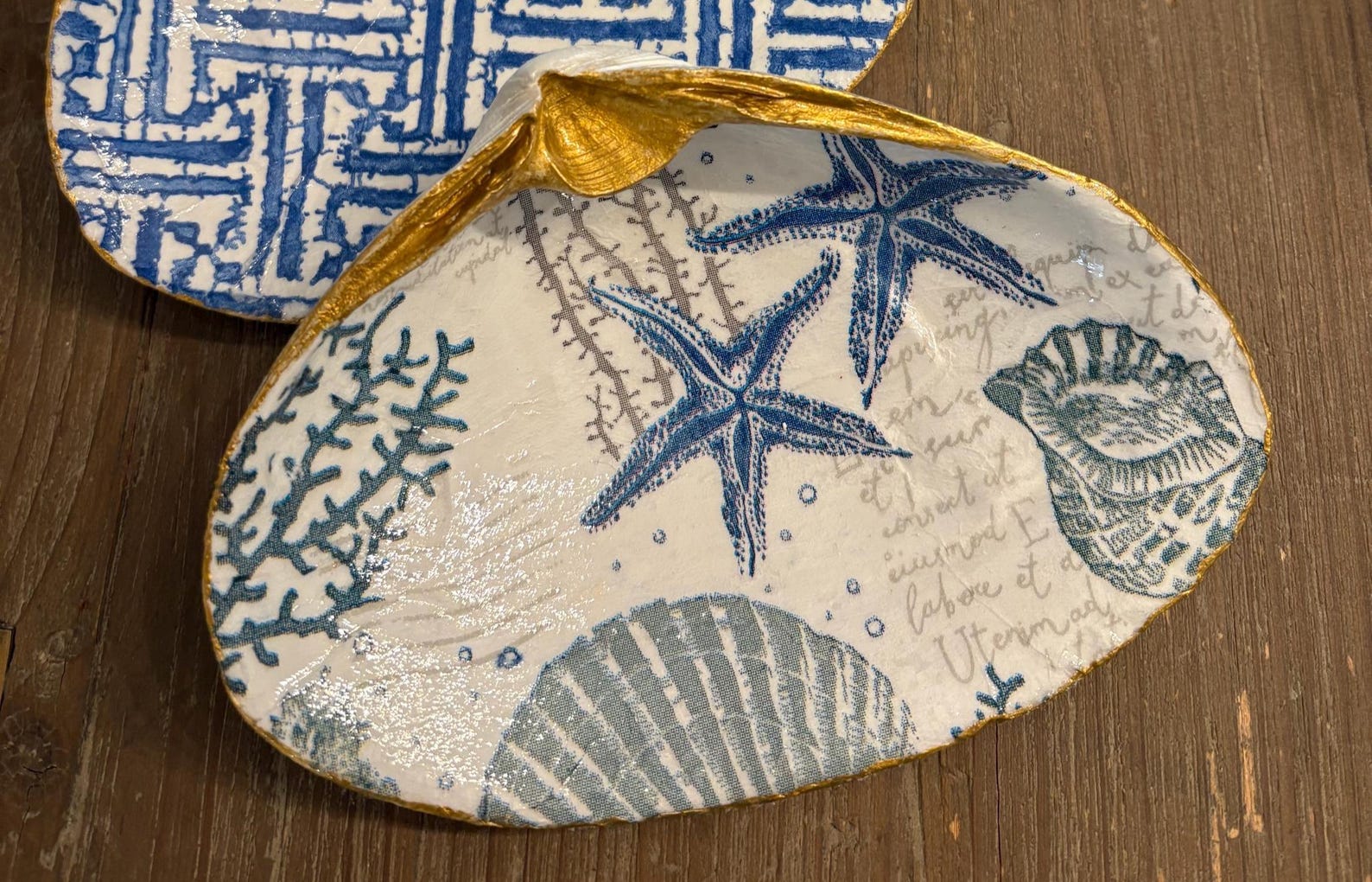 Large Decoupage Clam Shell Ring Dish: Blue White Coastal Decor, Gold ...