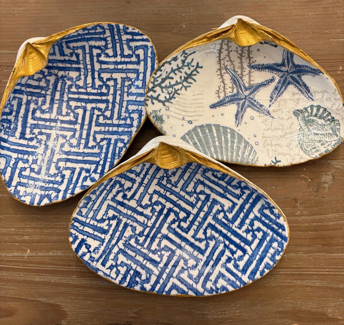 Decoupage Clam Shell Ring Dish: Coastal Decor Blue White Decor With ...