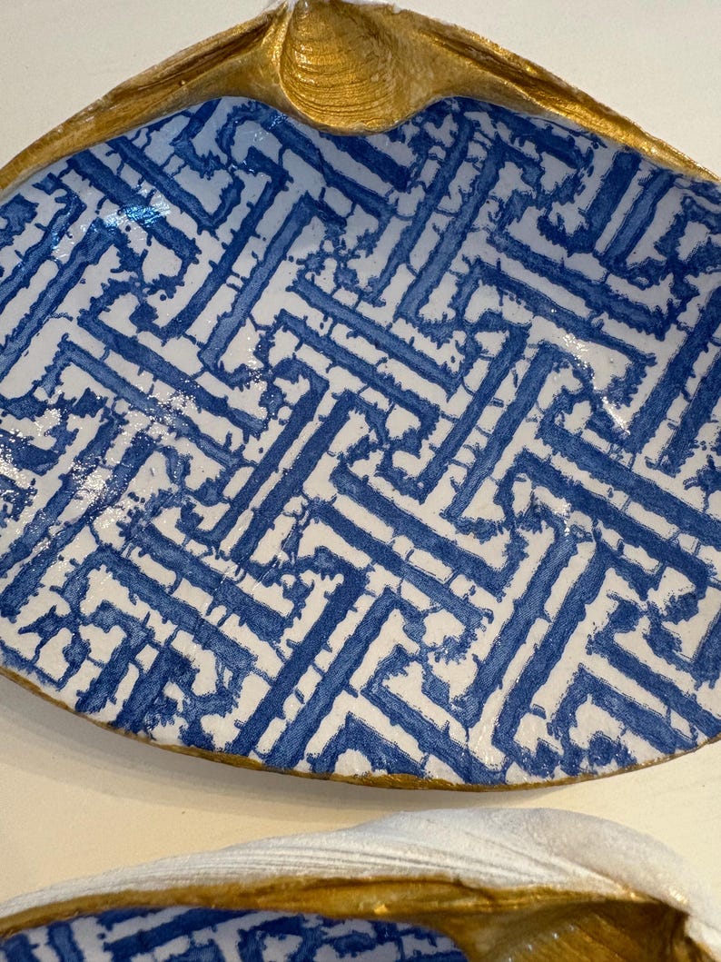 Decoupage Clam Shell Ring Dish: Coastal Decor Blue White Decor With ...