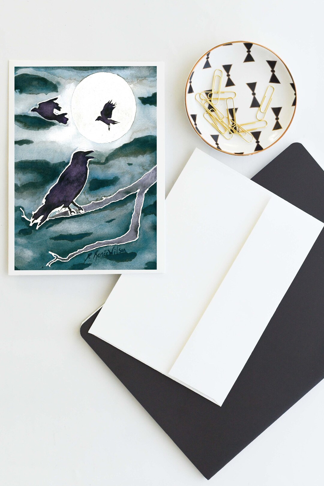 Raven Artwork, Crow Art Full Moon Watercolor Print, Blank Notecards ...