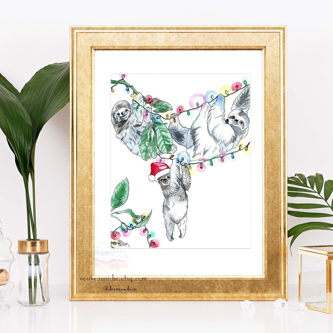 Slothmas Art Print, Watercolor Sloth Holiday Decor - Etsy